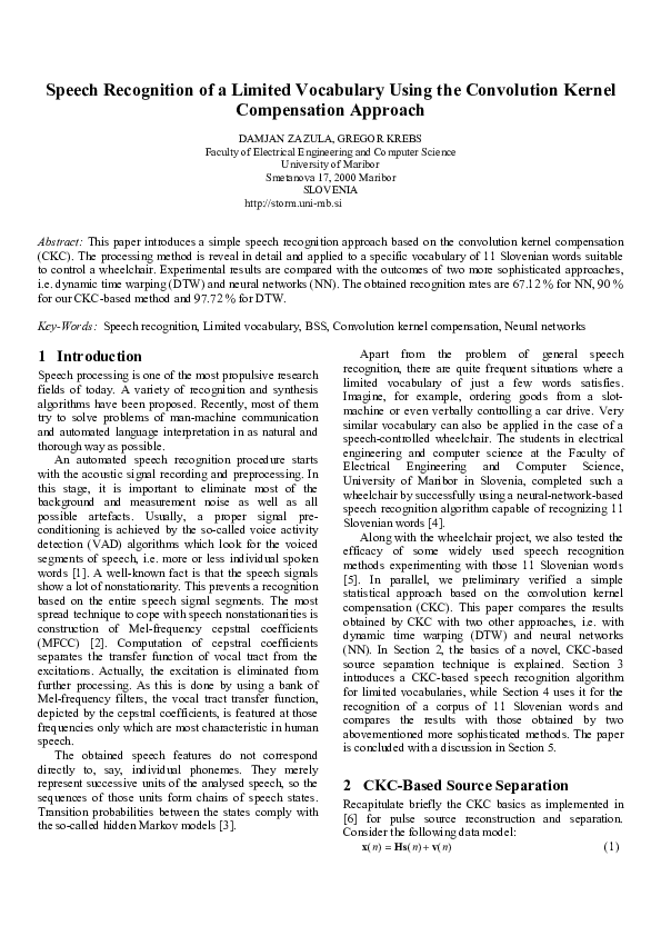 (PDF) Speech recognition of a limited vocabulary using the convolution Kernel compensation approach