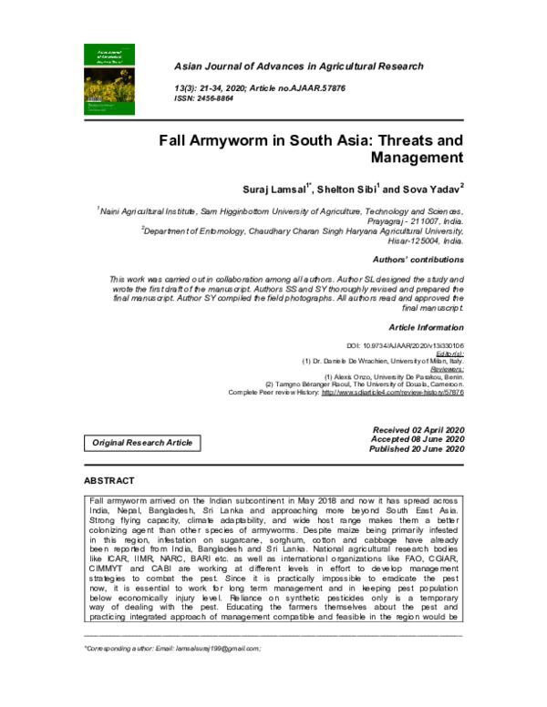 (PDF) Fall Armyworm in South Asia: Threats and Management