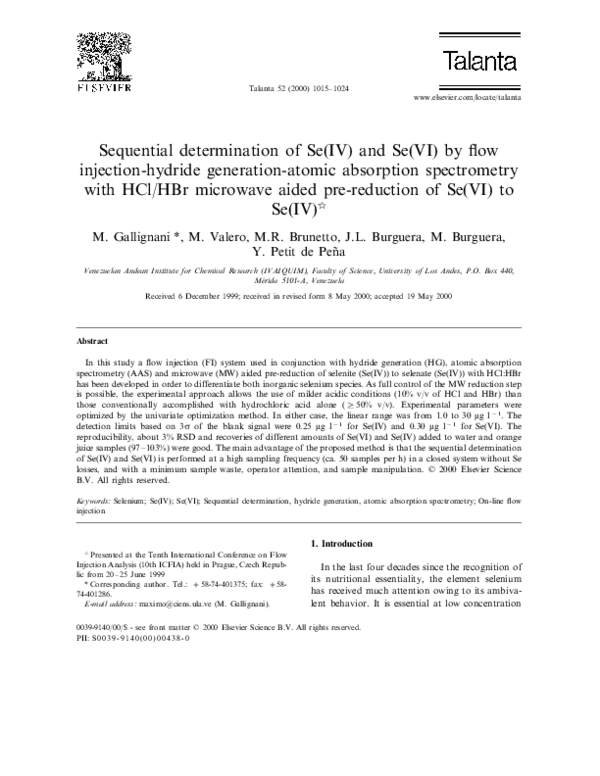 Pdf Sequential Determination Of Seiv And Sevi By Flow Injection Hydride Generation Atomic