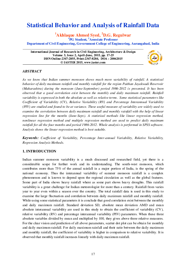 (PDF) Statistical Behavior and Analysis of Rainfall Data