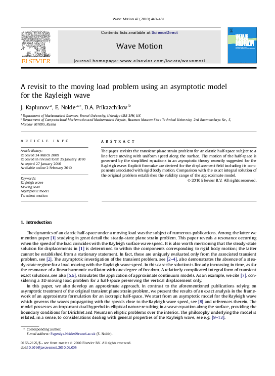 (PDF) Asymptotic Model for Moving Load Problems