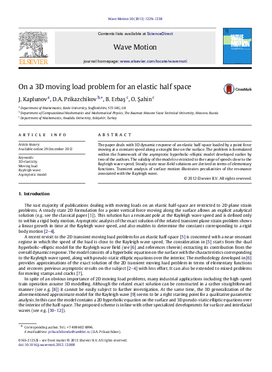 (PDF) On a 3D moving load problem for an elastic half space