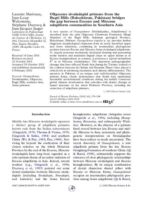 (PDF) Oligocene sivaladapid primate from the Bugti Hills (Balochistan ...