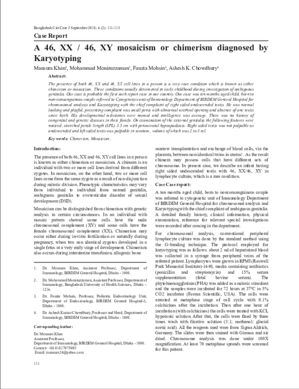 (PDF) A 46, XX / 46, XY mosaicism or chimerism diagnosed by Karyotyping ...