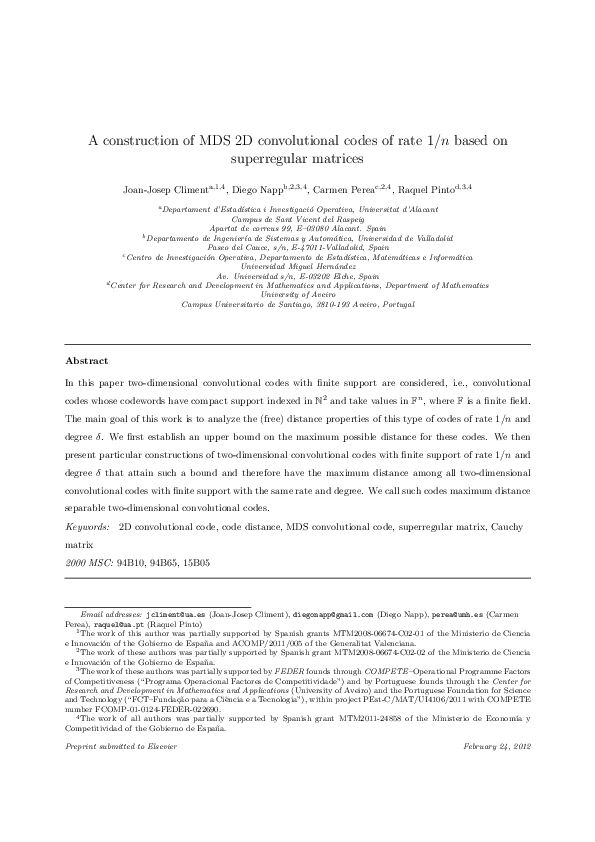 (PDF) A construction of MDS 2D convolutional codes of rate based on superregular matrices ...