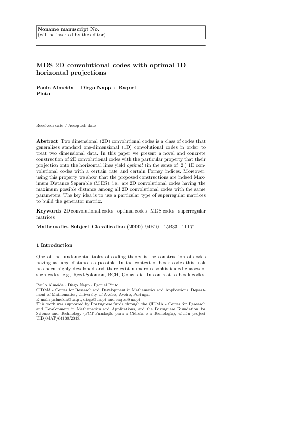 (PDF) MDS 2D convolutional codes with optimal 1D horizontal projections