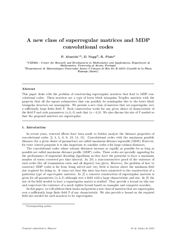 (PDF) A new class of superregular matrices and MDP convolutional codes