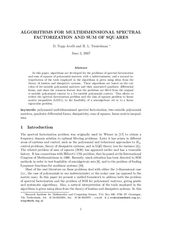(PDF) Algorithms for multidimensional spectral factorization and sum of squares