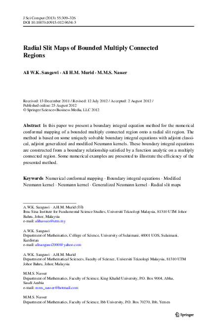 (PDF) Radial Slit Maps of Bounded Multiply Connected Regions