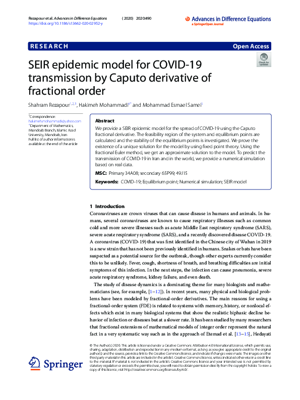 (PDF) SEIR epidemic model for COVID-19 transmission by Caputo derivative of fractional order