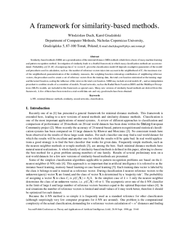 (PDF) A framework for similarity-based methods | Wlodzislaw Duch - Academia.edu