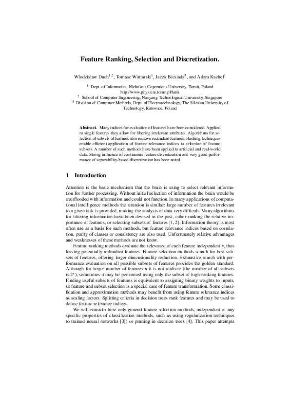 (PDF) Feature ranking, selection and discretization