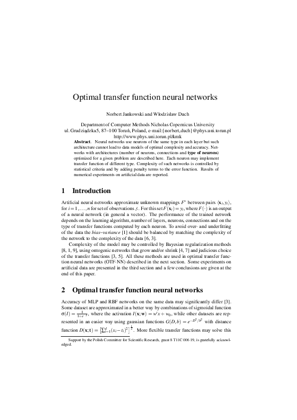 (PDF) Optimal transfer function neural networks