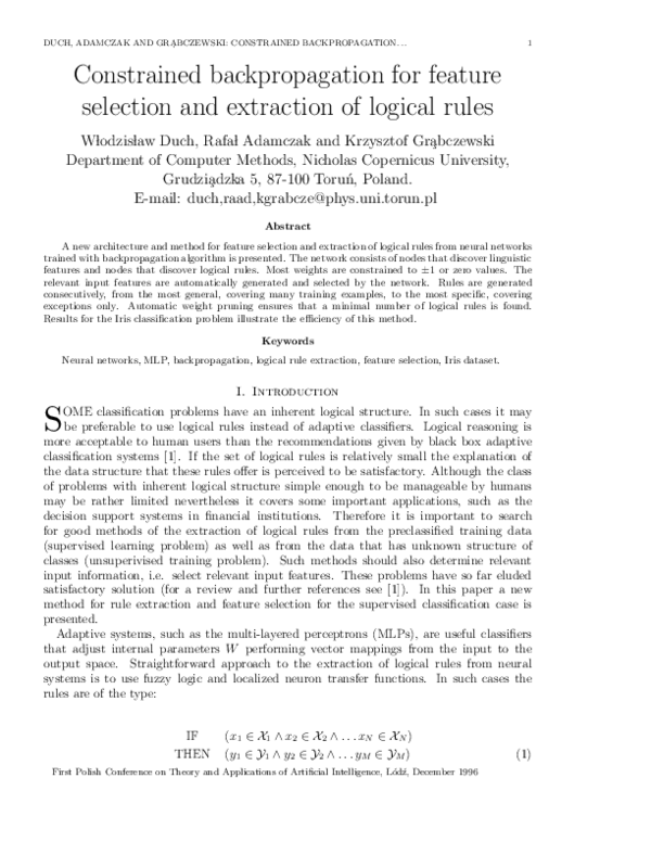 Pdf Constrained Backpropagation For Feature Selection And Extraction Of Logical Rules