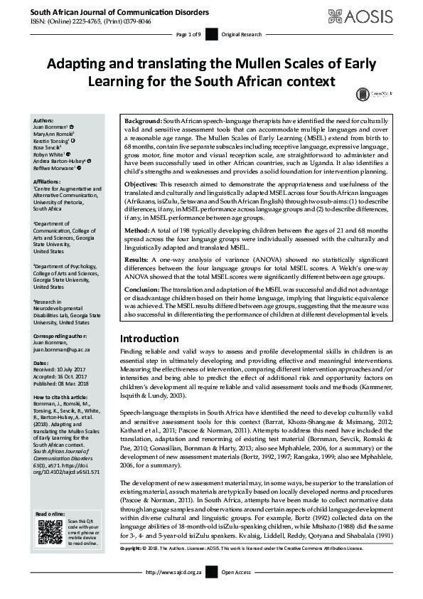 (PDF) Adapting and translating the Mullen Scales of Early Learning for ...