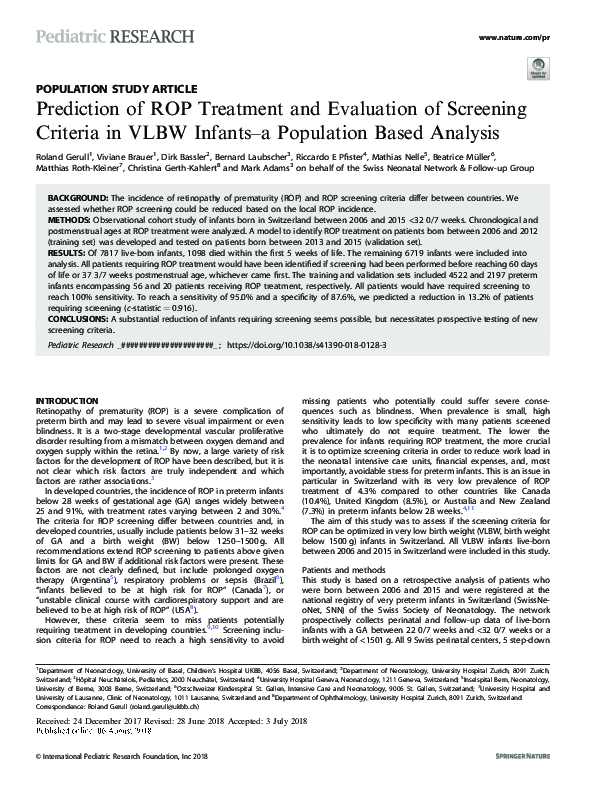 (PDF) Prediction of ROP Treatment and Evaluation of Screening Criteria in VLBW Infants-a ...