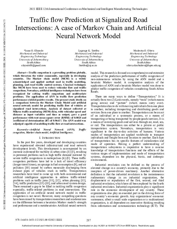 Pdf Traffic Flow Prediction At Signalized Road Intersections A Case Of Markov Chain And