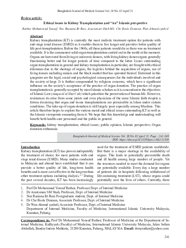 (PDF) Ethical issues in Kidney Transplantation and “An” Islamic perspective