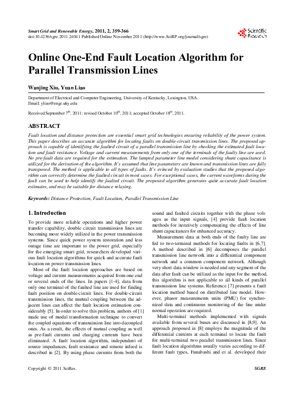 Pdf Online One End Fault Location Algorithm For Parallel Transmission
