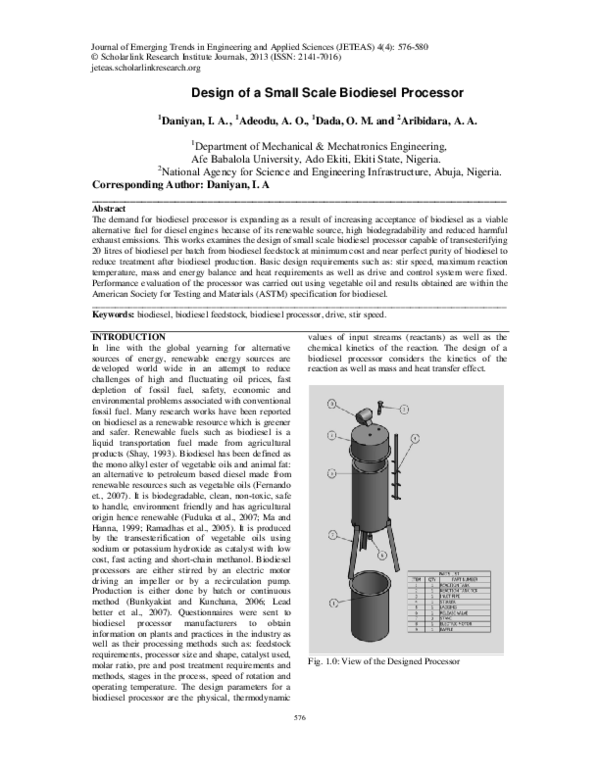 (PDF) Design of a Small Scale Biodiesel Processor