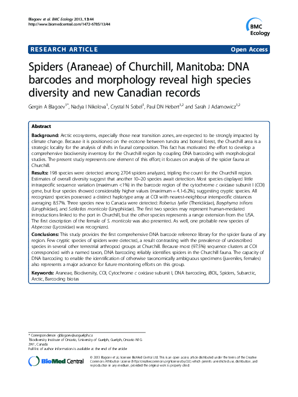 (PDF) Spiders (Araneae) of Churchill, Manitoba: DNA barcodes and ...