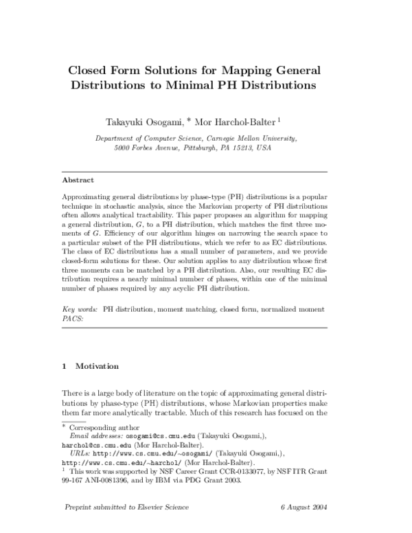 (PDF) Closed form solutions for mapping general distributions to quasi-minimal PH distributions