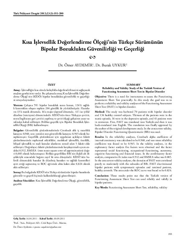 (PDF) Reliability and validity study of the Turkish version of ...
