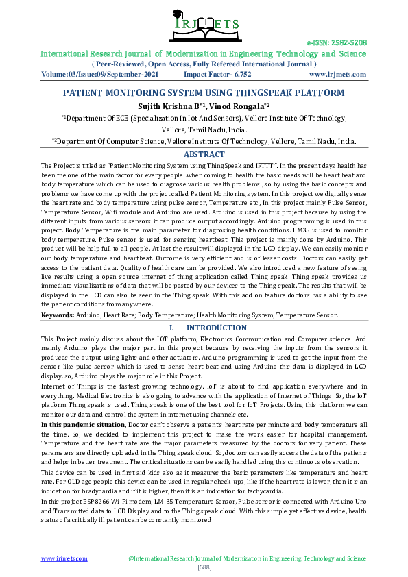 Pdf Patient Monitoring System Using Thingspeak Platform International Research Journal Of