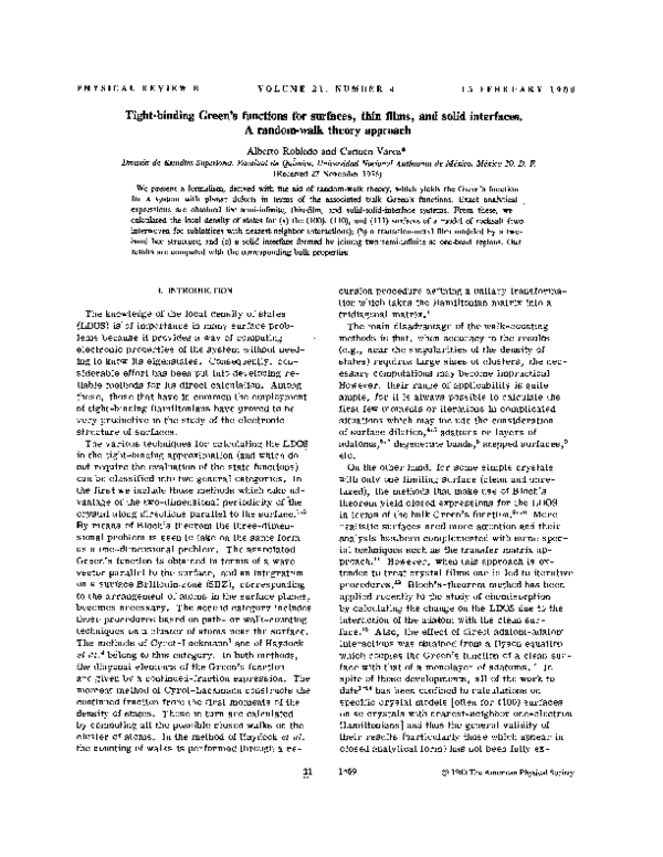 (PDF) Tight-binding Green's functions for surfaces, thin films, and solid interfaces. A random ...