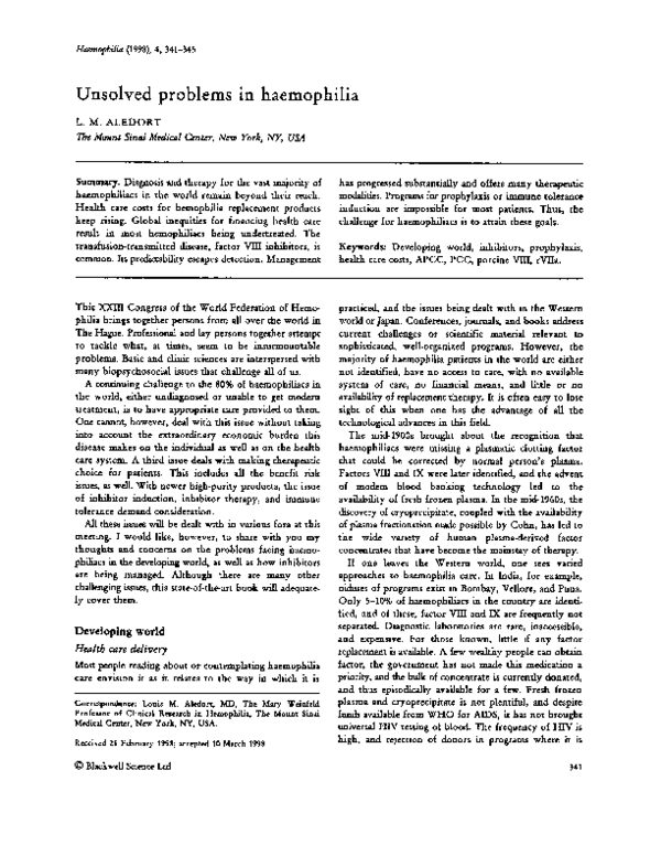 (PDF) Unsolved problems in haemophilia