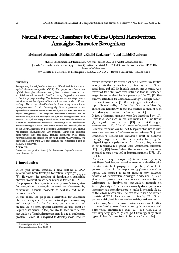 (PDF) Neural Network Classifiers for Off-line Optical Handwritten Amazighe Character Recognition