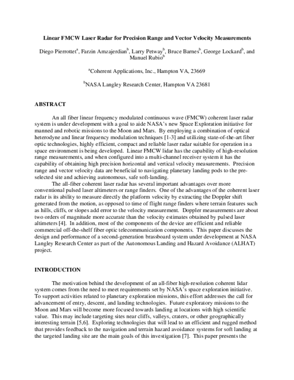 (PDF) Linear FMCW Laser Radar for Precision Range and Vector Velocity ...