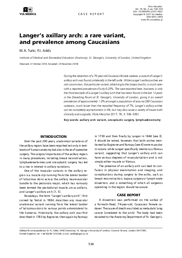 (PDF) Langer’s Axillary Arch: a Rare Variant, and Prevalence among ...