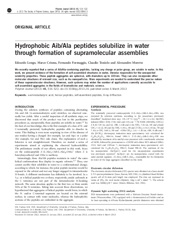 (PDF) Hydrophobic Aib/Ala peptides solubilize in water through ...