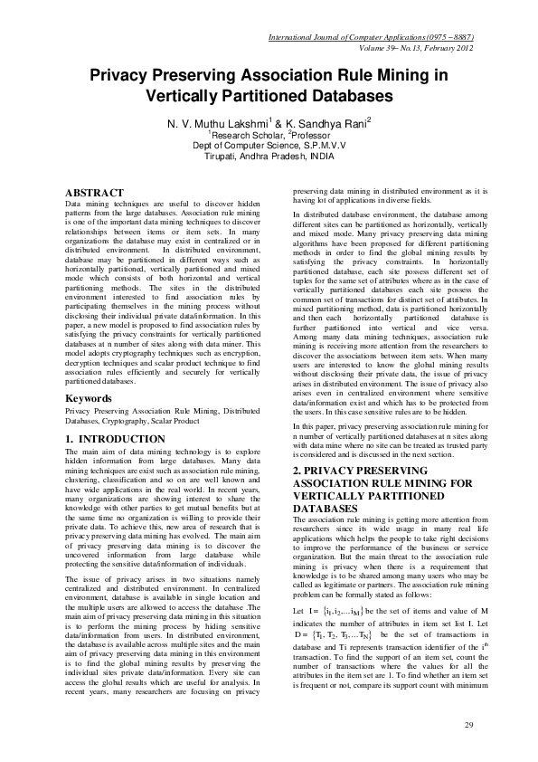 Pdf Privacy Preserving Association Rule Mining In Vertically Partitioned Databases