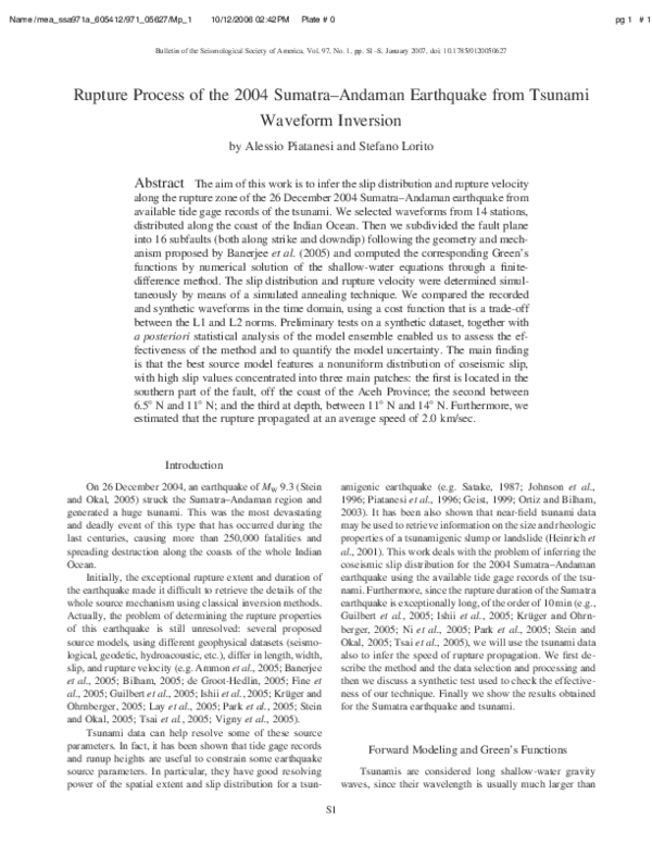 (PDF) Rupture Process of the 2004 Sumatra-Andaman Earthquake from Tsunami Waveform Inversion