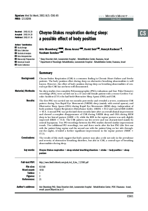 (PDF) Cheyne-Stokes respiration during sleep: a possible effect of body ...