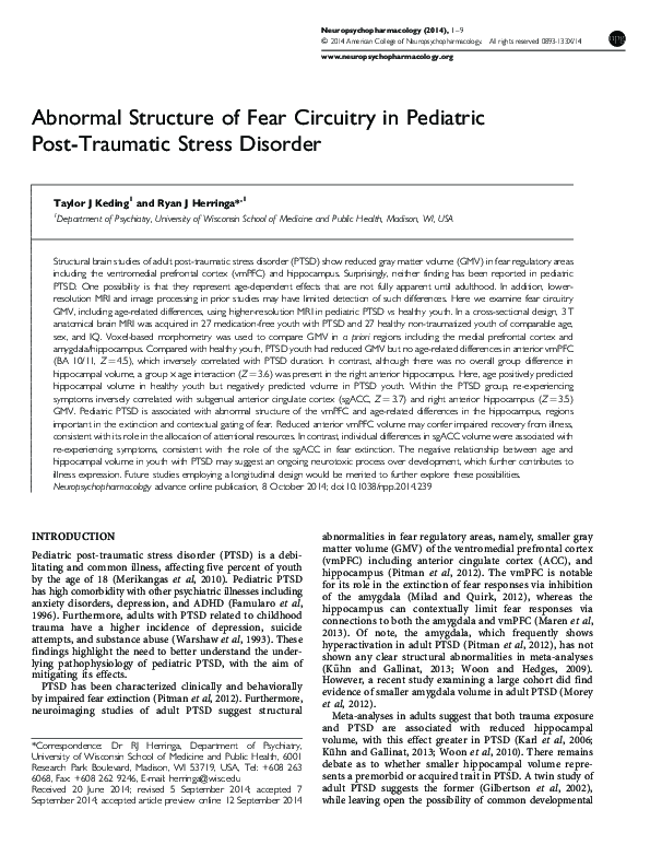 (PDF) Abnormal Structure of Fear Circuitry in Pediatric Post-Traumatic ...