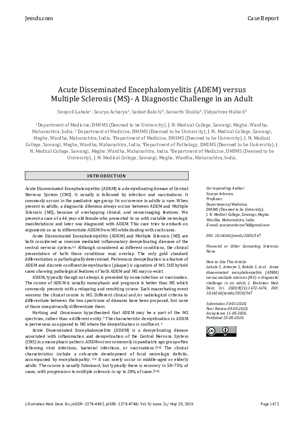 (PDF) Acute Disseminated Encephalomyelitis (ADEM) versus Multiple ...