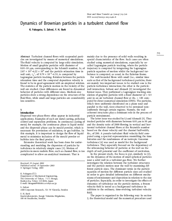 (PDF) Dynamics of Brownian particles in a turbulent channel flow