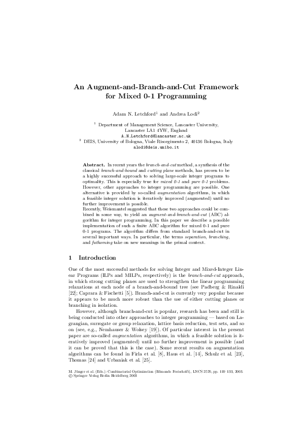 (PDF) An Augment-and-Branch-and-Cut Framework for Mixed 0-1 Programming