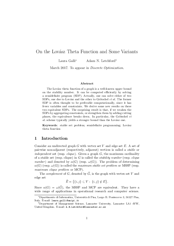 (PDF) On the Lovász theta function and some variants