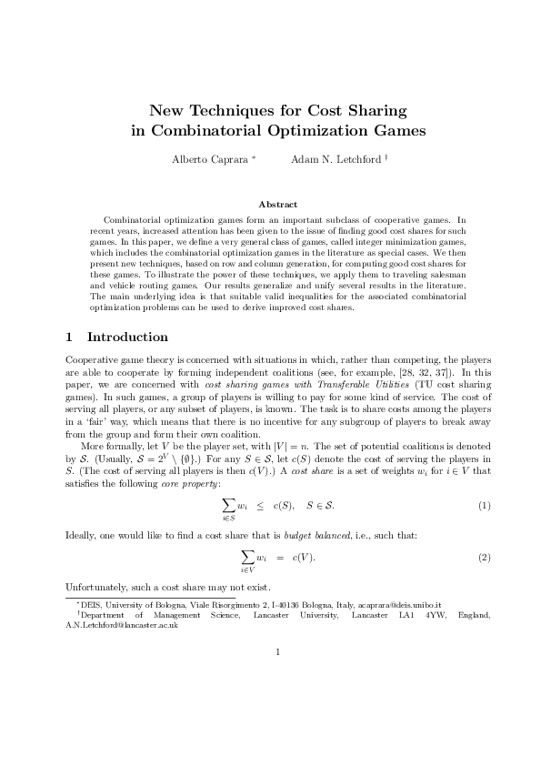 (PDF) New techniques for cost sharing in combinatorial optimization games