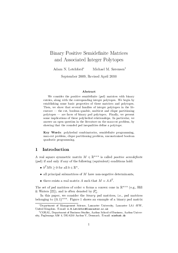 (PDF) Binary positive semidefinite matrices and associated integer polytopes | Adam Letchford ...