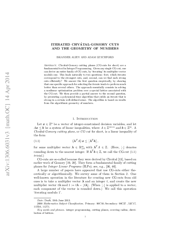 (PDF) Iterated Chvátal--Gomory Cuts and the Geometry of Numbers
