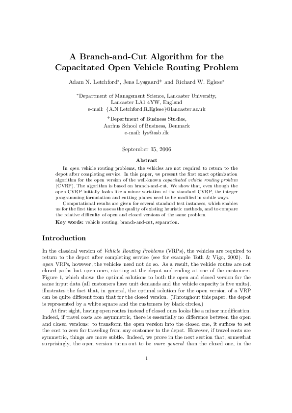 Pdf A Branch And Cut Algorithm For The Capacitated Open Vehicle Routing Problem