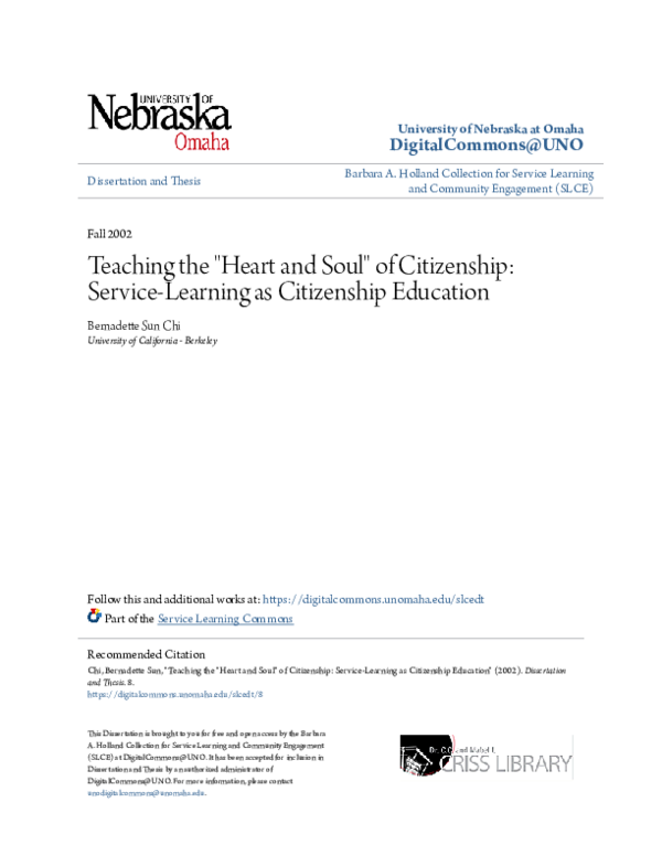 (PDF) Teaching the "Heart and Soul" of Citizenship: Service-Learning as ...