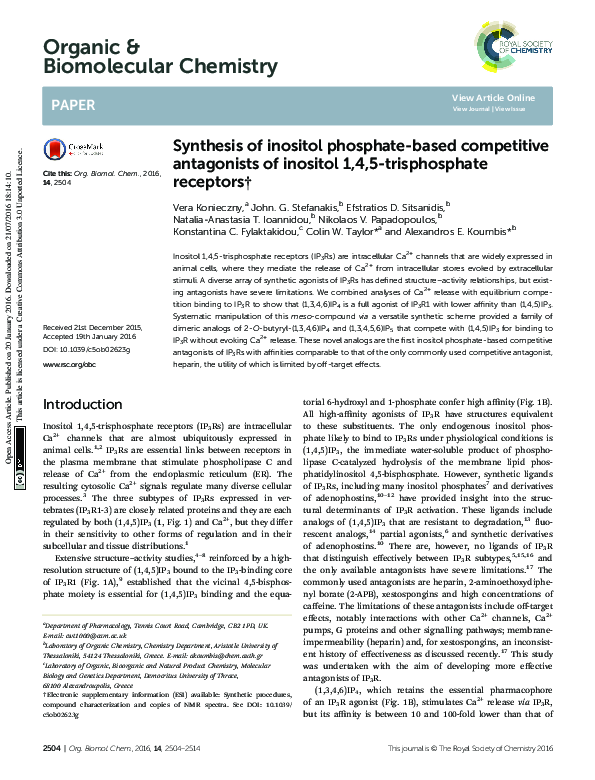 (PDF) Inositol Phosphate Antagonists of IP3 Receptors Synthesis