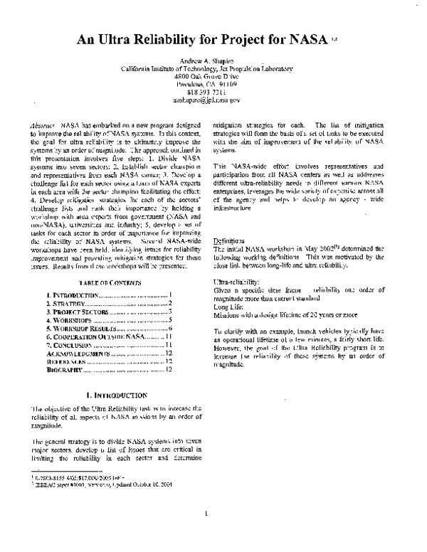 (PDF) An ultra-reliability project for NASA