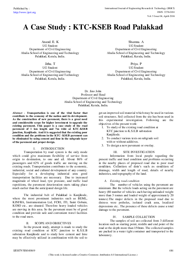 (PDF) A Case Study : KTC-KSEB Road Palakkad
